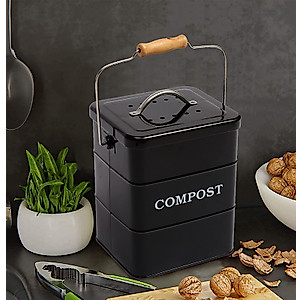 Compost Bin Kitchen Countertop Indoor Compost Pail Bucket, Great for Food Scraps, Carbon Steel, Handles, Black, 1 Gallon - Includes Charcoal Filter