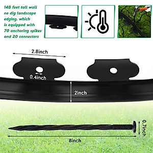 Queekay Landscape Edging Kit 148 ft with 70 Spikes 20 Connectors No Dig Plastic Border for Garden, Lawn, Yard, Pathway(Black,2 Inch)