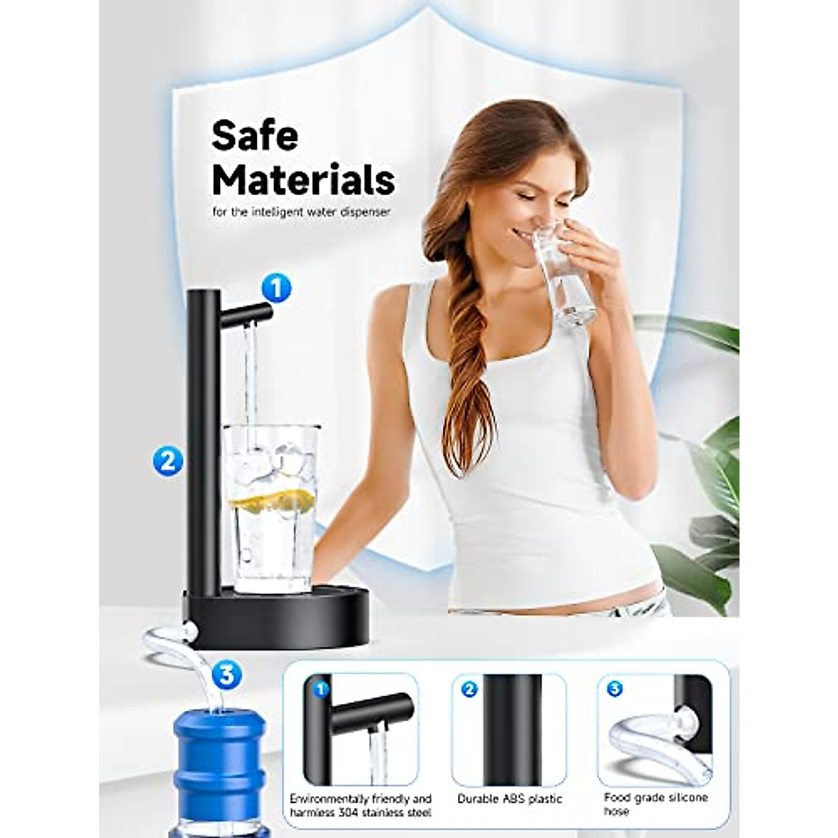 REJOMINE Water Dispenser for 5 Gallon Bottle, Smart 7 Levels Water Dispenser Countertop for Universal Bottles, Portable Desktop Water Pump for Outdoor, Automatic Water Jug Dispenser with Silicone Hose