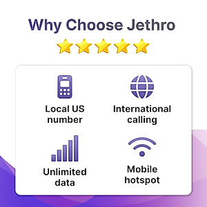 Jethro Mobile USA SIM Card, 5GB High-Speed Data, Unlimited Talk & Text, Hotspot & Tethering, International Calling to Canada, Mexico & 80+ Countries, Prepaid No Contract (30 Days)