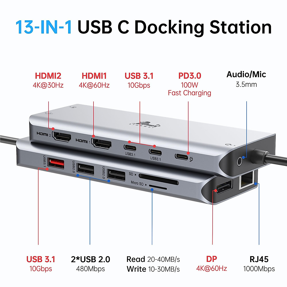 LIONWEI Laptop Docking Station 13 in 1 - Dual HDMI+DisplayPort+10Gbps, 6 USB C/A, 100W PD, Ethernet, SD/TF, Audio, USB C Hub for MacBook/Dell/HP/Surface
