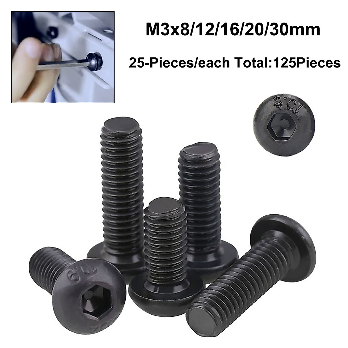 HanTof 125PCS Button Head Hex Socket Cap Screws Bolts, Black Grade 10.9 Alloy Steel, Metric M3 x 8/12/16/20/25mm Allen Head Hex Socket Drive Machine Screw Set with Hex Key, Fully Threaded Pitch: 0.5mm