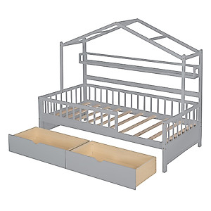 Harper & Bright Designs Twin House Bed with 2 Storage Drawers, Kids Twin Platform Bed Frame with Storage Shelves, Fence and Roof, Tent Bed, Wood Playhouse Bed Twin for Kids Teens Girls & Boys (Gray)