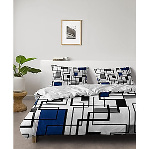 Blue Square Geometric Art Duvet Cover Sets 4 Piece Queen Ultra Soft Bed Quilt Cover Set for Kids/Teens/Women/Men,Modern Gray Abstract Lines White Back Bedding Collection All Season Use