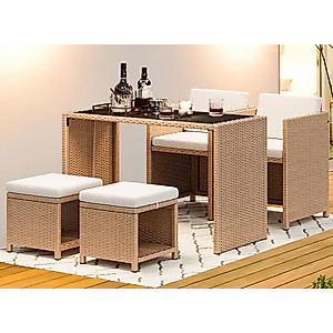 YITAHOME 5-Piece Patio Furniture Conversation Set, Outdoor Conversation Furniture with Tempered Glass Tabletop, Outdoor Bistro Conversation Set for Patios, Backyards, Gardens, Porches (Light Yellow)