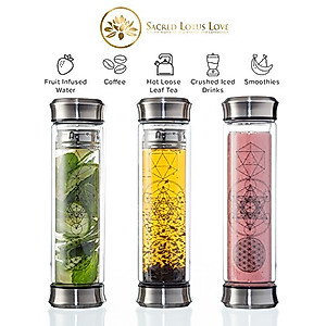The Sacred Tea Bottle with Infuser & Strainer Combo - BPA Free Glass Travel Tumbler with Stainless Steel Filter. Leakproof Tea Mug for Loose Leaf Tea and Fruit Water 14 Ounce