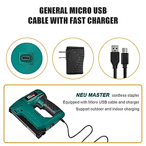 NEU MASTER Staple Gun Cordless, NTC0070 Li-ion Rechargeable Battery Staple Guns kit with Staples and USB Charger, Power Tacker for Upholstery, Material Repair, Decoration, Carpentry, Furniture DIY