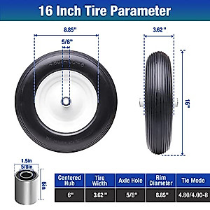 BAIVE BW 16" 4.80/4.00-8 Flat Free Solid Polyurethane Tire and Wheel, 1 Pack PU Airless Tires with 5/8" Ball Bearings 6" Iron Hub for Wheelbarrow/Hand Truck/Tool Cart/Garden Carts, 1 Pack