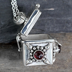 NOVICA Handmade .925 Sterling Silver Garnet Prayer Box Pendant Necklace Artisan Crafted in Burgundy Red India Spiritual Birthstone 'Royal Prayer'