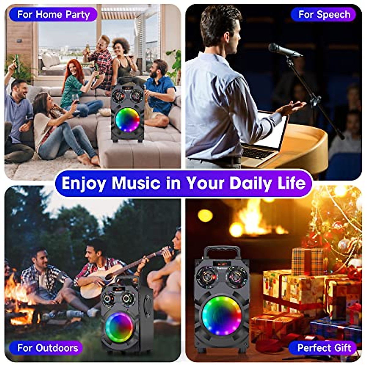 Bluetooth Speakers, 60W Loud Wireless Stereo Speaker with Subwoofer Deep Bass, Bluetooth 5.0, FM Radio, Colorful Lights, 8000mAh Battery, Portable Outdoor Big Speaker for Home Party Garden Gifts