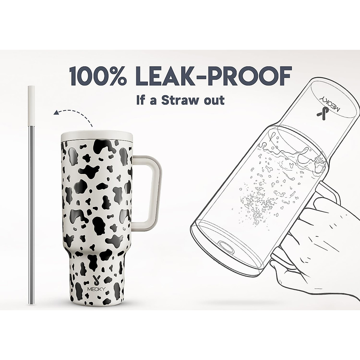 Meoky 40 oz Tumbler with Handle and Straw, Tumbler with Lid and Straw, Insulated Stainless Steel Travel Mug, 100% Leak-proof, Keeps Cold for 34 Hours or Hot for 10 Hours (Cow)