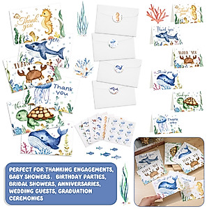 Jetec 48 Sets Sea Animal Thank You Cards Baby Shower Thank You Cards with Envelopes and Stickers Whale Crab Shark Turtle Ocean Creatures Note Cards for Summer Baby Bridal Shower Wedding, 4 x 6 Inch