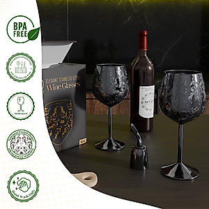vaanshie 17oz Stainless Steel Wine Glasses [Set of 2] – Black Royal Goblets with Intricate Baroque Engravings, Unbreakable and Shatterproof Wine Cups with Bottle Stopper for Travel, Camping,and Pool