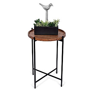 BIRDROCK HOME Folding Side Table with Removable Wood Tray - Black Metal Foldable Nightstand - Indoor Use Only - Bar Coffee Drinks Food Serving Tray - Decorative Modern End Accent - Natural Acacia