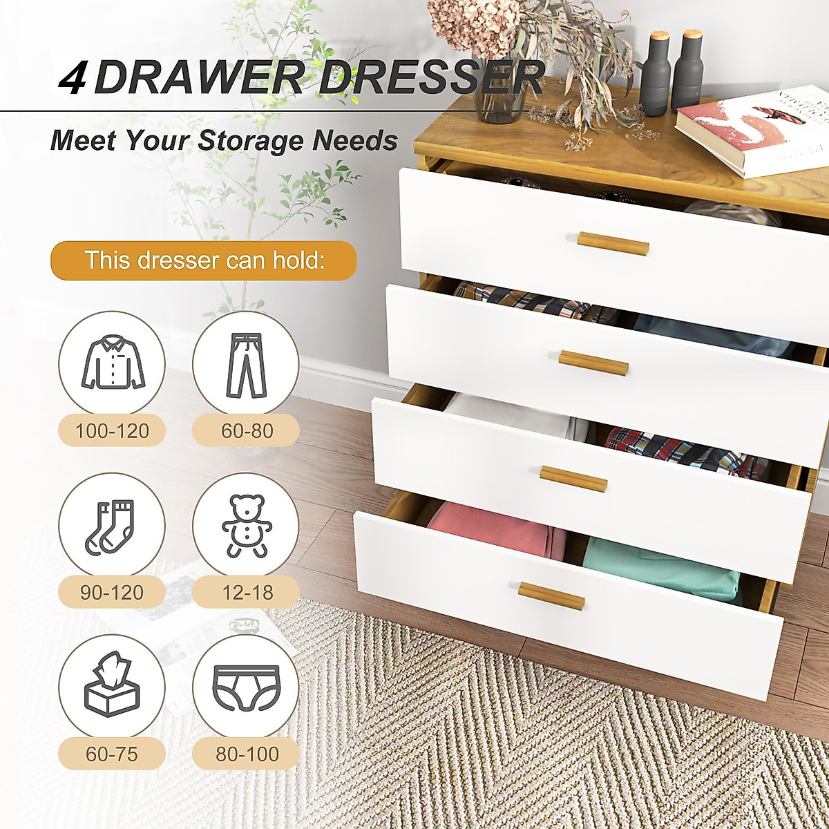 CIPACHO White 4 Drawer Dresser for Bedroom, Modern Wood Storage Chest of Drawers for Nursery, Living Room,Kid Room (4 Drawer)