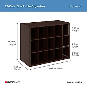 ClosetMaid 15 Cube Stackable Storage Organizer for Shoes, Bags, Crafts, Hobbies with Wood Shelves, for Closet, Entryway or Mudroom, Espresso