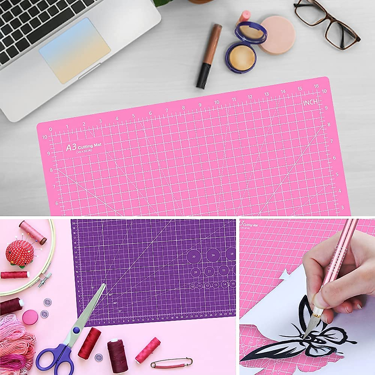 Headley Tools 12 x 18 Inch Self Healing Cutting Mat, Durable Rotary Cutting Mat Double Sided 5-Ply Gridded A3 Cutting Board for Craft, Fabric, Quilting, Sewing, Scrapbooking Project, Pink/Dark purple
