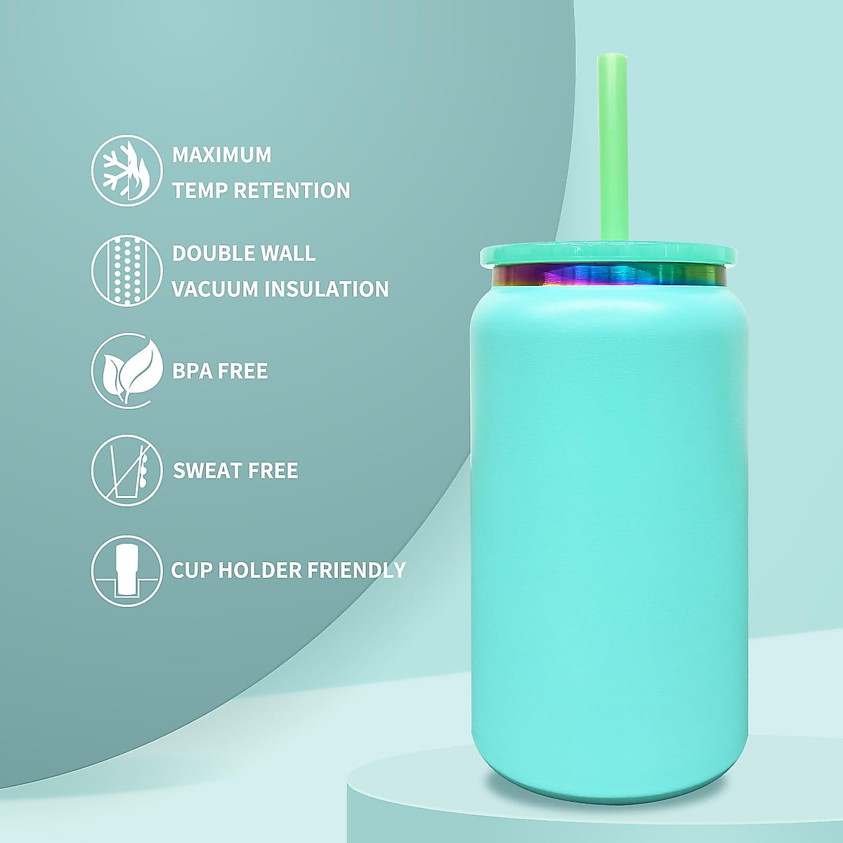 Glass Cups with Lids and Straws, 16 oz Stainless Steel Cups, Insulated Skinny Tumbler, Powder Coated Travel Mugs for Laser Engrave, Iced Coffee Cup for Smoothie Water DIY Gift (Mint Green,1 pack)