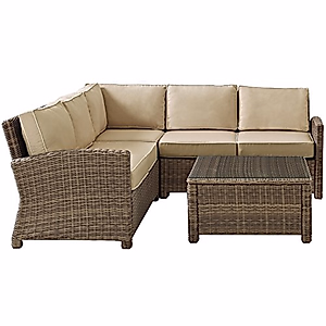 Crosley Furniture Bradenton 4-Piece Outdoor Sectional Sofa Wicker Conversation Patio Furniture Set for Deck, Brown with Sand Cushions