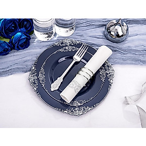 Hioasis 175pcs Blue Plastic Plates - Blue and Silver Plastic Plates Disposable Include 25 Dinner Plates,25 Dessert Plates,25 Knives,25 Forks,25 Spoons,25 Napkins Perfect for Wedding & Parties