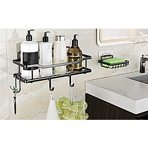 RIGEL STAR Shower Caddy with Soap Dish + 4Hooks, Adhesive Organizer, No Drilling Shelf, Rustproof Stainless Steel Rack With Soap Dish for Bathroom and Kitchen Storage, Matte Black