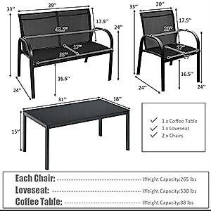 HAPPYGRILL 4 Pieces Patio Furniture Outdoor Garden Patio Table Set Poolside Lawn Chairs with Glass Coffee Table