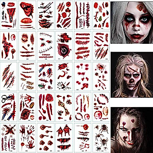 300+ Pieces Halloween Scar Tattoos Temporary for Costume Cosplay Props/Accessories - Vampire Zombie Party Supplies Decorations Realistic Bloody Fake Injury Wound Body Sticker Tattoo(48 Sheets)