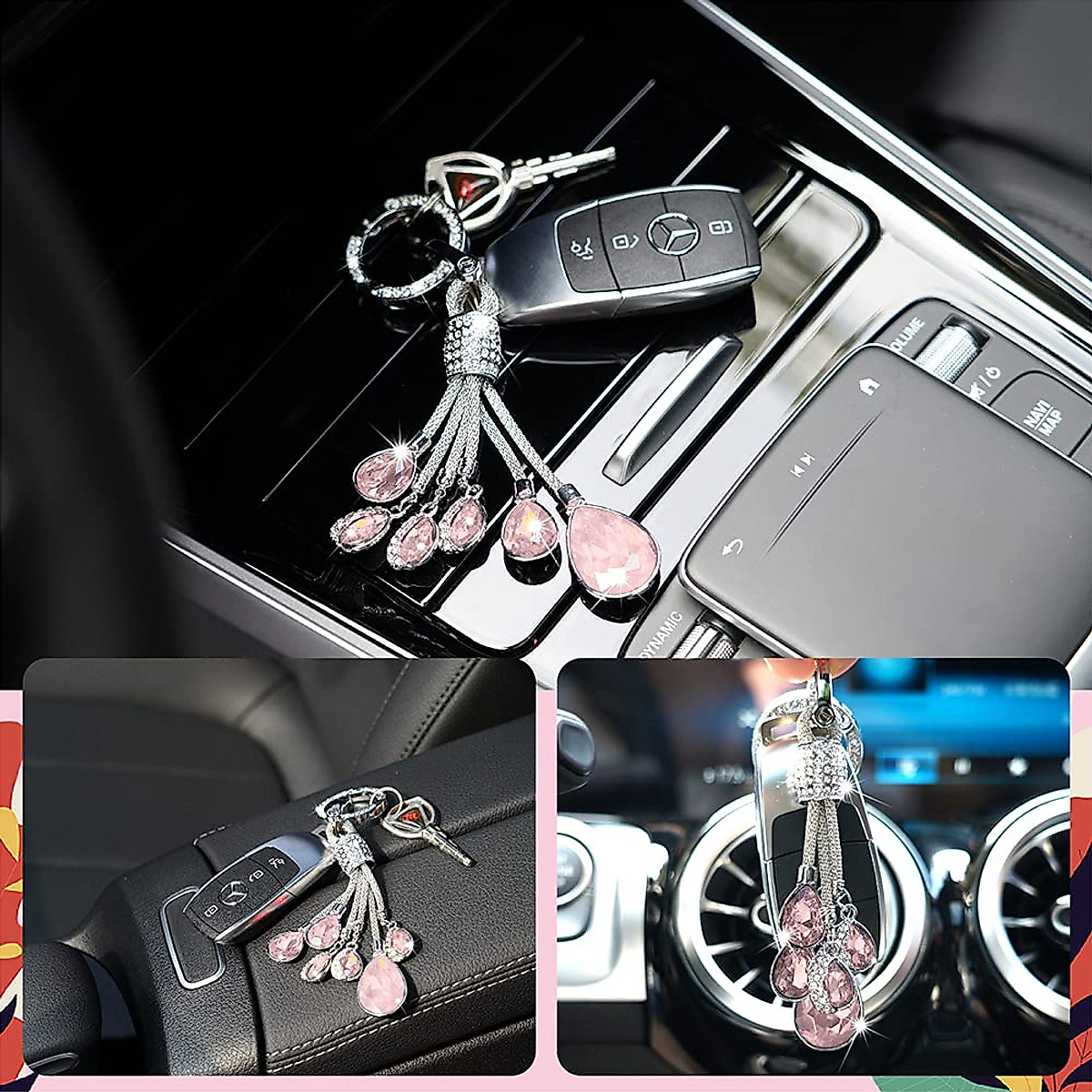 Bling Crystal Car Keychain for Women, Keychain Accessories With Rhinestones, Fashionable Car Key Chain for Car Keys Fit BMW Honda Audi Lexus Ford Mercedes Benz Nissan Cadillac Toyota (2 Pink)