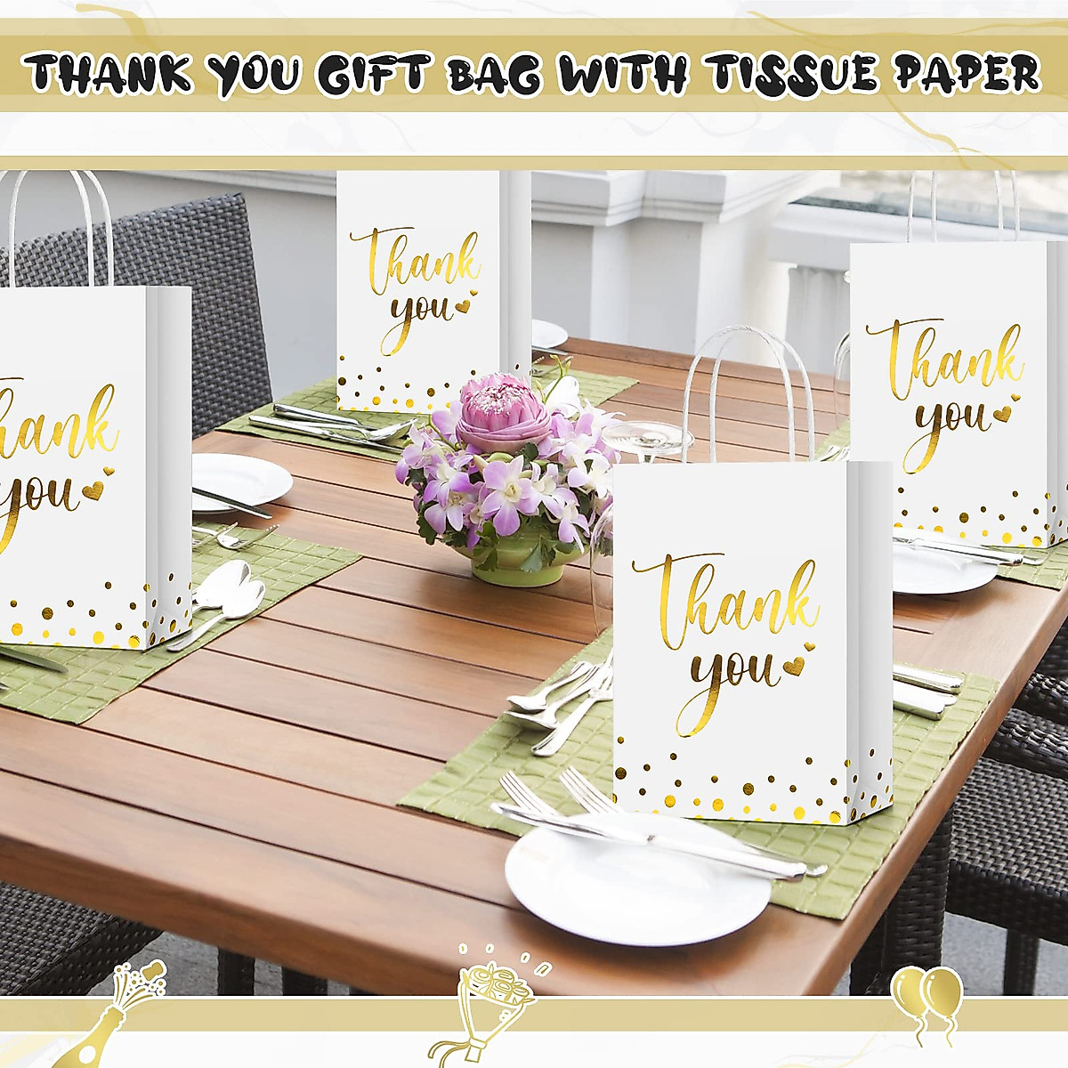 Tinlade 100 Pcs Thank You Gift Bags Bulk Paper Gold Thank You Wedding Bags with Handle for Business, Shopping, Wedding, Baby Shower, Party Favors (White)
