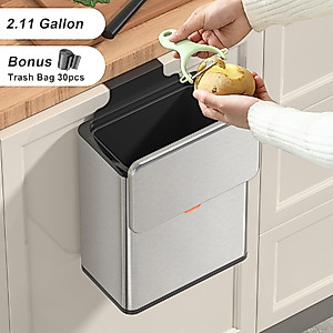 Mbillion Kitchen Compost Bin Hanging Trash Can with Lid 2.1 Gallon Stainless Steel Garbage Can for Kitchen Cabinet Door Mounted Trash Can Under Sink Door RV Bathroom,Silver