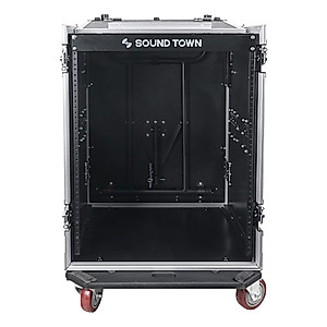 Sound Town 14U PA DJ Rack/Road ATA Case with 11U Slant Mixer Top, 20’’ Rackable Depth, 2 DJ Work Tables and Casters, 14-Space Size, Pro Tour Grade (STMR-14UWT2)