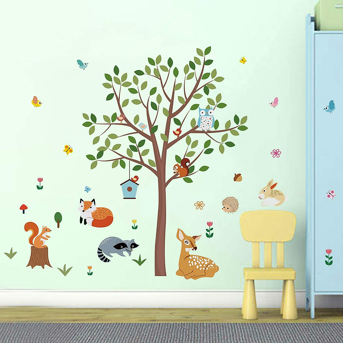 decalmile Forest Animals Tree Wall Decals Deer Fox Owl Wall Stickers Baby Nursery Kids Bedroom Playroom Wall Decor(Tree H: 56")