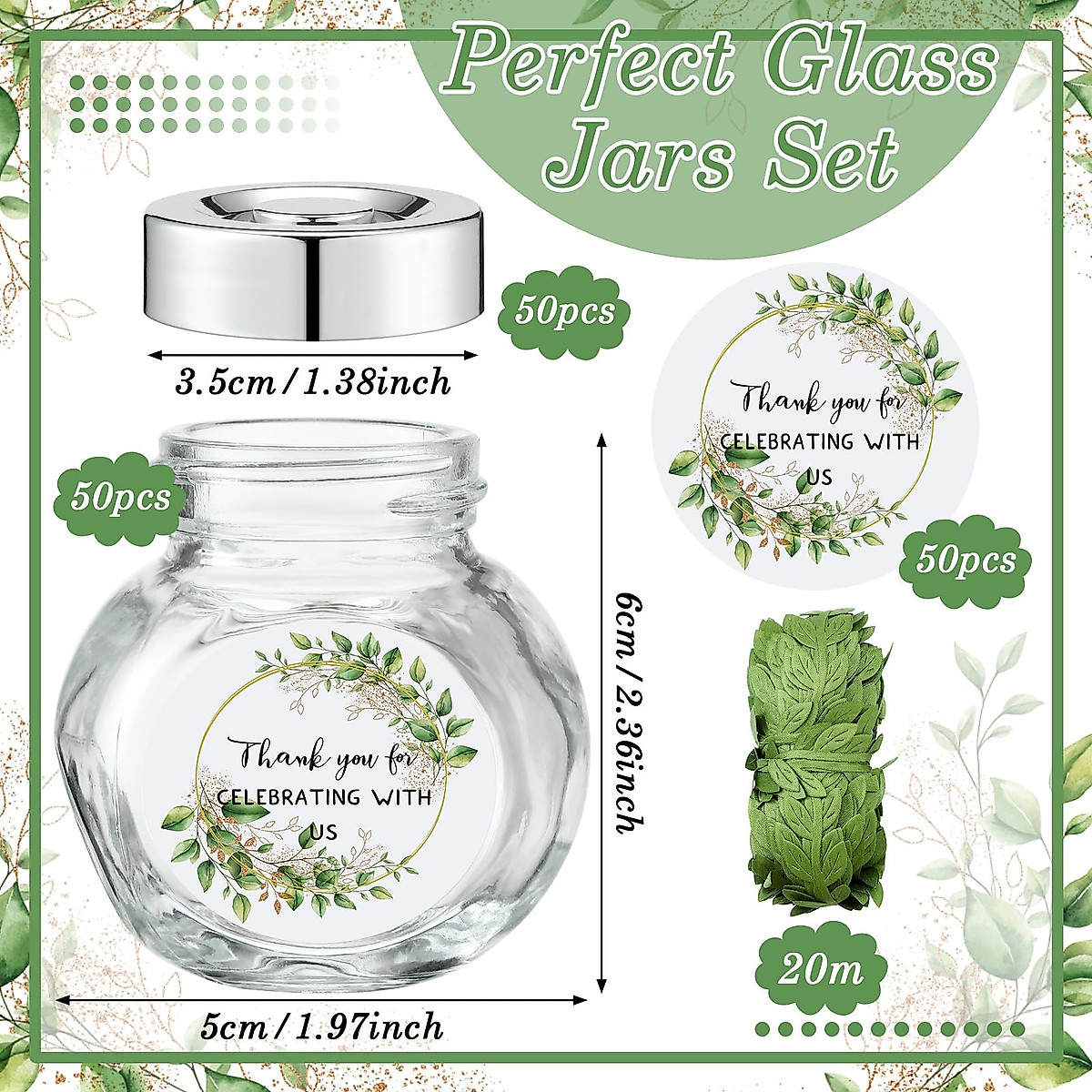 Skybooly 50 Pcs 1.5 oz Mini Glass Jars Small Candy Jars with Lids Green Leaf Ribbon and Labels Tiny Mason Jars Candy Containers for Wedding Party Favor Bridal Shower Gift Spice Honey Sugar Herb