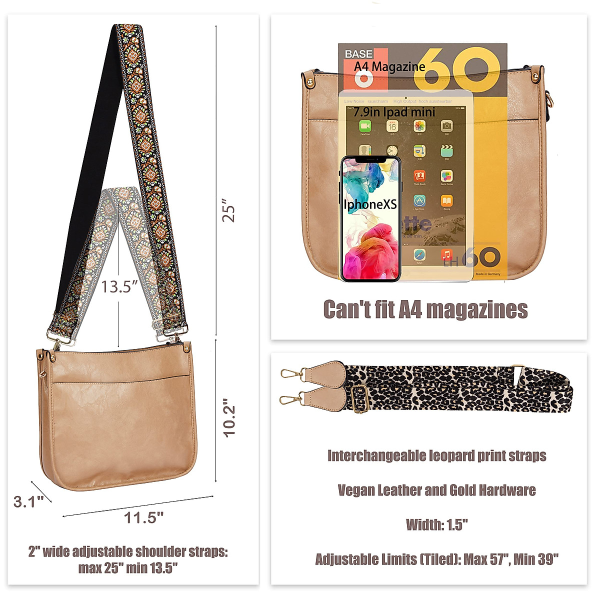 Cross Body Bag Purses for Women with Guitar Strap, Trendy Vegan Faux Leather Shoulder Bag Designer Handbag with 2 Strap (Khaki)