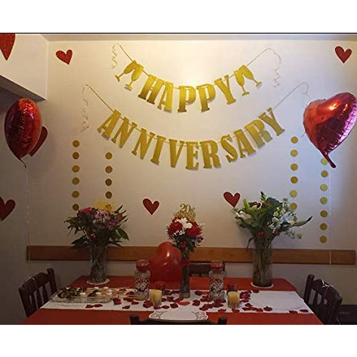Happy Anniversary Decorations, Happy Wedding Anniversary Decorations with Banner, Cake Topper, Glitter Hanging, Ribbon and Balloons for All Ages' Anniversary Party Decorations (Black/Gold)