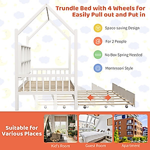 Giantex Twin House Bed with Trundle, Solid Wood Bed Frame with Roof & 8 Cube Bookcase, Wooden Slatted Support Bed Frame for Girls, Boys, No Box Spring Needed, White