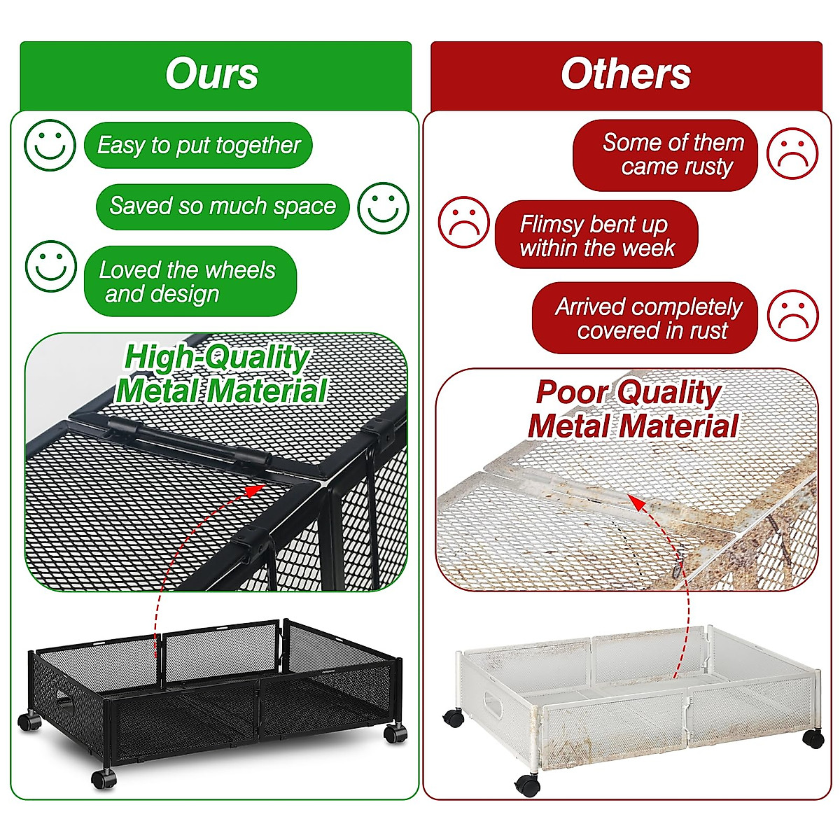 punemi Under Bed Storage with Wheels, 2 Pcs Underbed Storage Containers Rolling Drawers with Handle, 23.6 x 15.7 x 6.2in Tall Metal Under Bed Shoe Organizers for Clothes, Tool-free Assembly Black