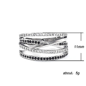 SSZUKOOU 925 Silver Jewelry Black & White Sapphire Two Tone Black and White Pave Cubic Zirconia CZ Criss-Cross Crystal Belt Design Band Ring Eternity Wedding Bridal Jewelry Gifts Women (US 7)
