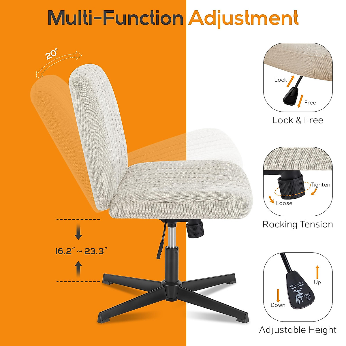 DUMOS Cirss Cross Chair Legged Office Wide Comfy Desk Seat, No Wheels Armless Computer Task Seating, Swivel Vanity Home Height Adjustable