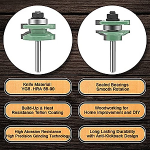 LEATBUY 1/4-Inch Shank Raised Panel Router Bit Set 3 PCS, Round Over Cabinet Door Rail and Stile Router Bits, Woodworking Wood Cutter, Wood Carbide Groove Tongue Milling Tool(1/2-H Double)