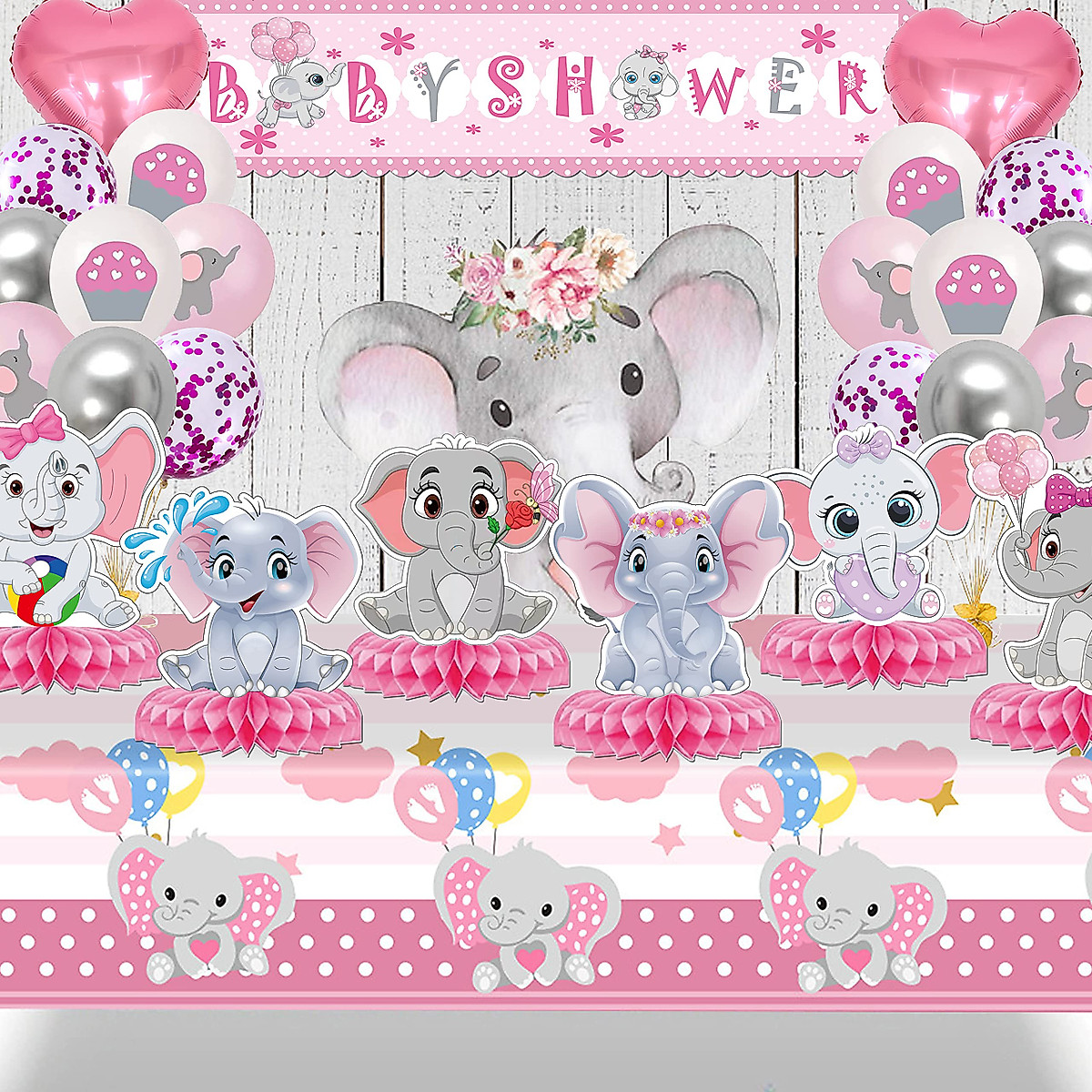 Welliboom Pink Elephant Honeycomb Centerpieces It's A Girl Table Decorations Door Hanging Porch Sign,Little Peanut Cutouts for Elephant Theme Baby Shower,Baby Girl Welcome baby Party Supplies