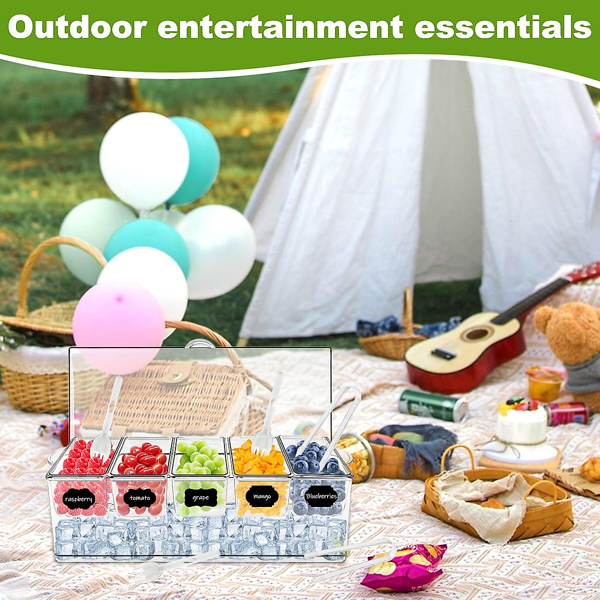 Ice Chilled Condiment Server Caddy, Bar Fruit Caddy with Lid and 5 Removable Compartments, Plastic Storage Food Container Clear Ice Condiment Serving Tray for Party, Toppings Bar Container