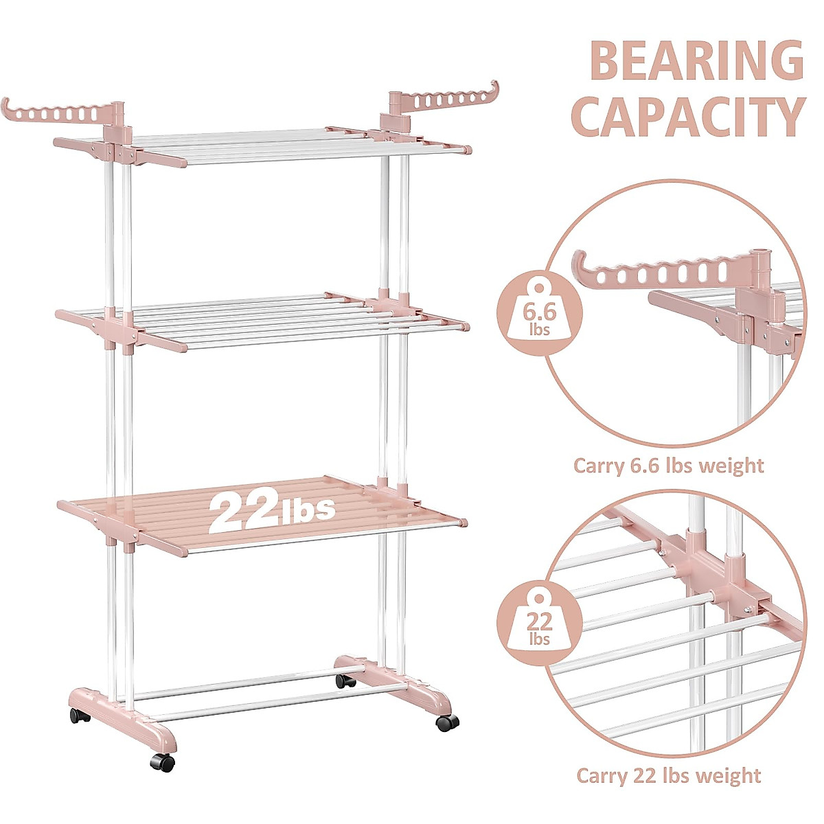 TOOLF Foldable Clothes Drying Rack, 4-Tier Drying Rack Clothing, Laundry Drying Rack with Foldable Wings, Space Saving Laundry Rack, Pink