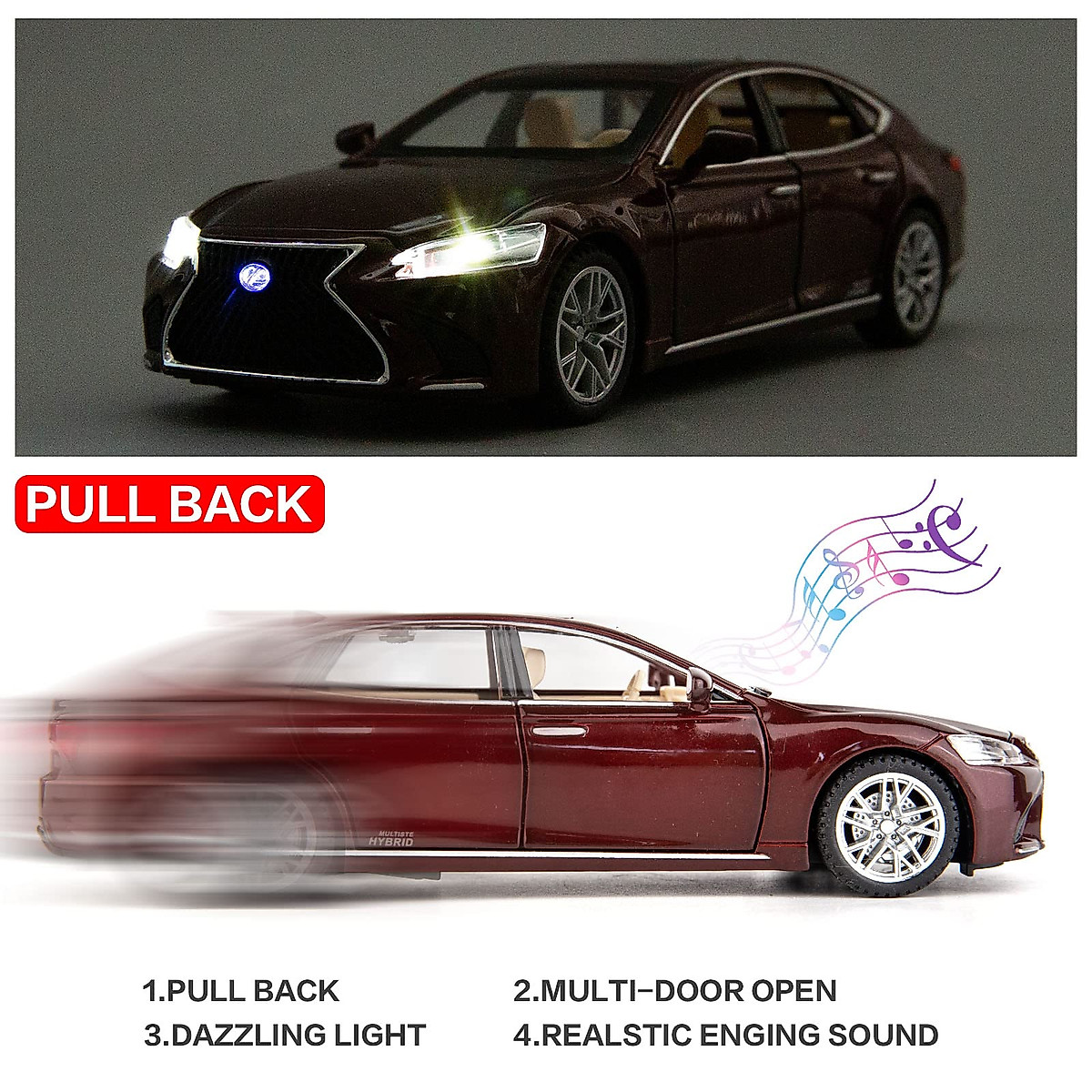 BDTCTK 1/32 Compatible for Lexus Ls500h Model Car, Zinc Alloy Pull Back Toy car with Sound and Light for Kids Boy Girl Gift(Brown)