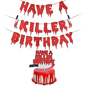 Have a Killer Birthday Banner and Have A Killer Birthday Cake Topper, Halloween Horror Vampire Birthday Banner for Halloween Have A Killer Birthday Decorations