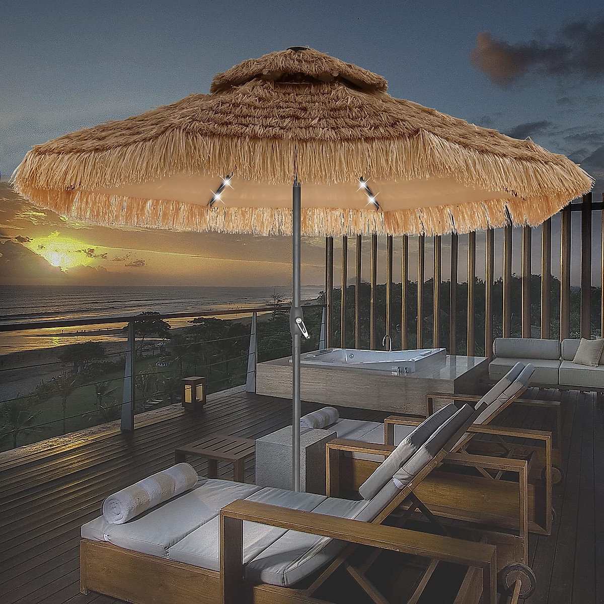 Saemoza 9ft Thatched Patio Tiki Umbrella with Tilt, 32 built-in LED lights 2 Tier Hawaiian Style Beach Patio Umbrella (NO Base)