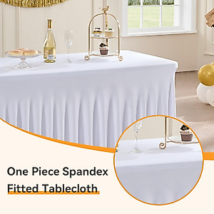 Outpain White Spandex Table Clothes for 8 Foot Rectangle Tables-6Pack 8FT Spandex Fitted Table Cover, Wrinkle Free Tablecloths with Skirt for Parties, Wedding, Birthday, Banquet, Festival