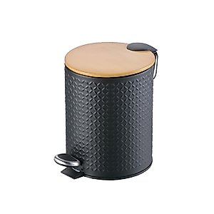 AWENN - Kitchen Garbage Trash Can with Wooden Lid and Pedal - Touchless Round Shape Waste Bin - Stainless Steel Dustbin for Kitchen, Bathroom, Office and Outdoors – Black (1.3 Gallon – 5 Liters)