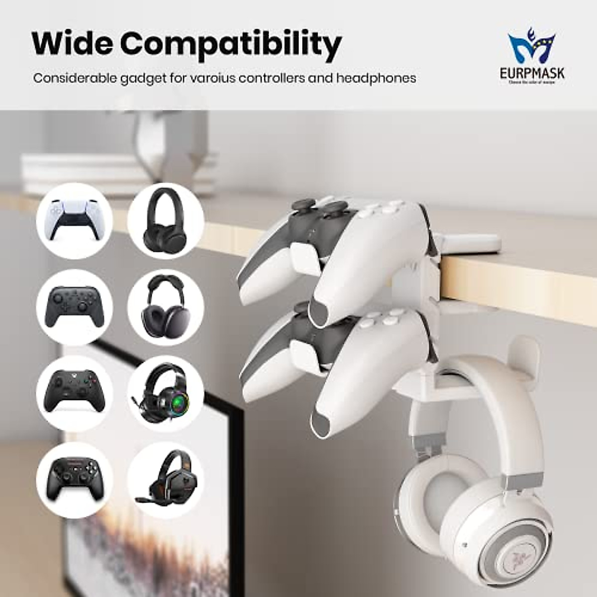 3-in-1 PC Gaming Headphone & Controller Holder - EURPMASK Headphones Hanger w/Adjustable & Rotating Arm Clamp,Headphone Stand Under Desk, Universal Headset Controllers Hook with Cable Organizer-White