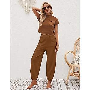 MEROKEETY Women Two Piece Outfits Sweater Sets Knit Pullover Tops High Waist Pants Lounge Set Tracksuit, Pecan, Small